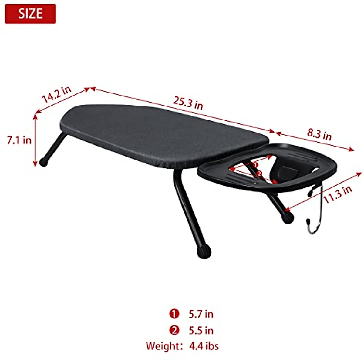 Duwee 14"x25" Table Top Ironing Board with Thicken Felt Padding, Metallic Cover, Solid Iron Rest (Black)