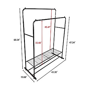 Clothing Garment Rack Metal Heavy Duty Double Rail Clothes Rack Organizer 2-Tier Storage Shelf for Boxes Shoes Boots Commercial Grade Multi-Purpose Entryway Shelving Unit for Home Office Bedroom Black