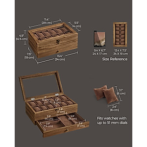 SONGMICS 12-Slot Watch Box, 2-Tier Watch Display Case with Large Glass Lid, Removable Watch Pillows, Velvet Lining, Jewelry Box, Gift Idea, Rustic Walnut UJOW012K01