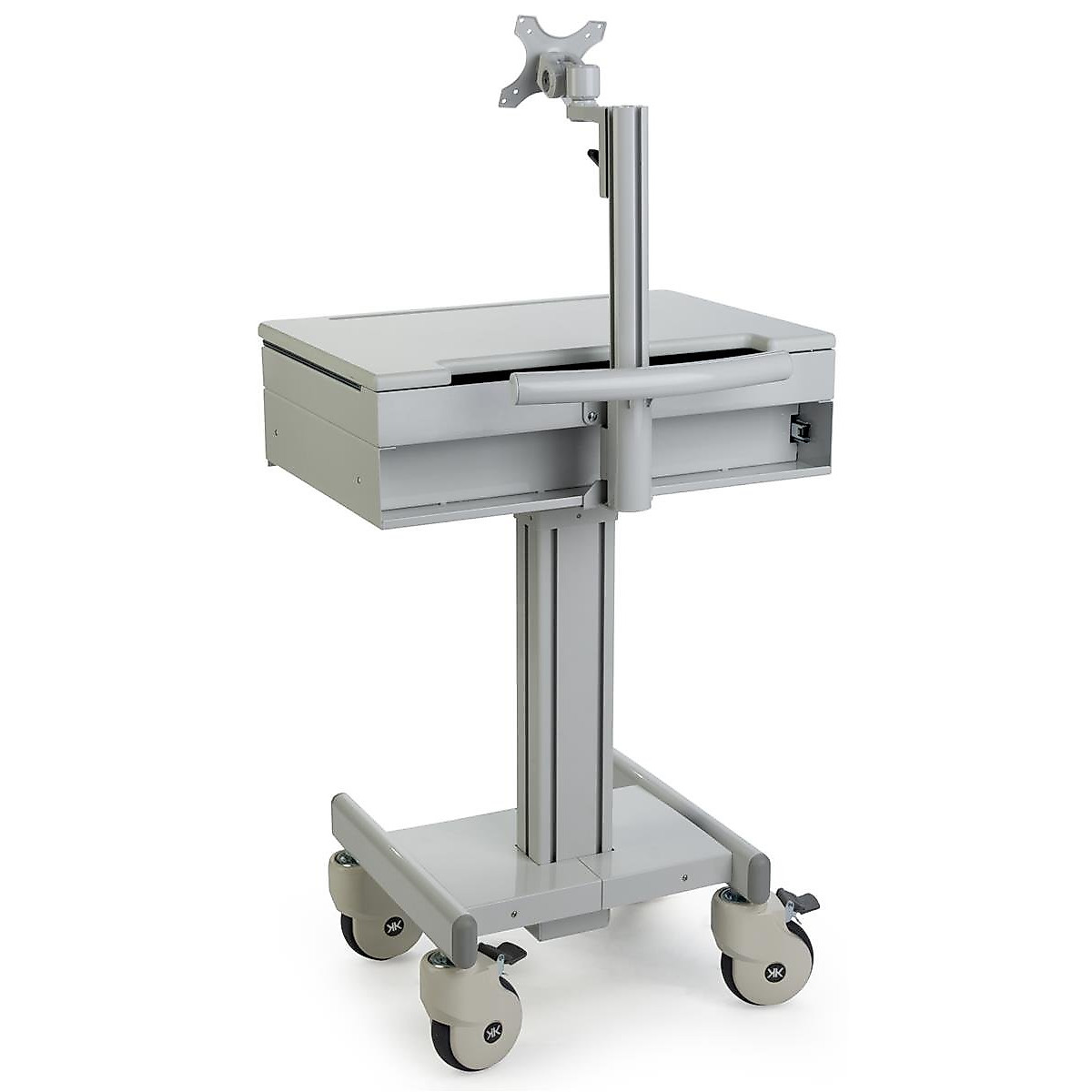 Displays2go Mobile Desk with Monitor Display & Keyboard Tray, Locking Wheels, Steel, Plastic, MDF – Gray (DWMDC1M)