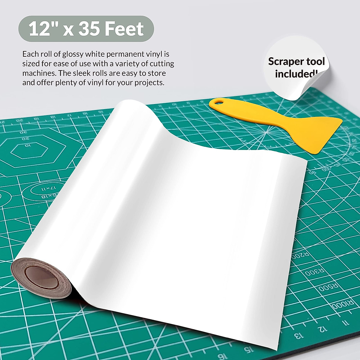 Reli. White Permanent Vinyl | 12" x 35 FT Roll (Glossy) | Scraper Tool Included | Adhesive Vinyl Compatible w/Cricut & Silhouette Cutting Machines | Vinyl Roll for Signs, Tumblers, Mugs, Cars & More