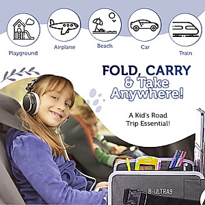 Kids Travel Tray with Dry Erase Board, Road Trip Essentials Kids, No-Drop Tablet Holder, Lap Desk, Cup Holder, Toddler Toy Storage, Fits Airplane and Booster Seat (Grey/Animals)