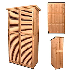 JOVNO Outdoor 63" Wood Storage Shed Tool Organizer Garden Storage Cabinet with Waterproof Roof, Lockable Doors, 3-Tier Shelves for Patio Lawn Backyard Home Garage