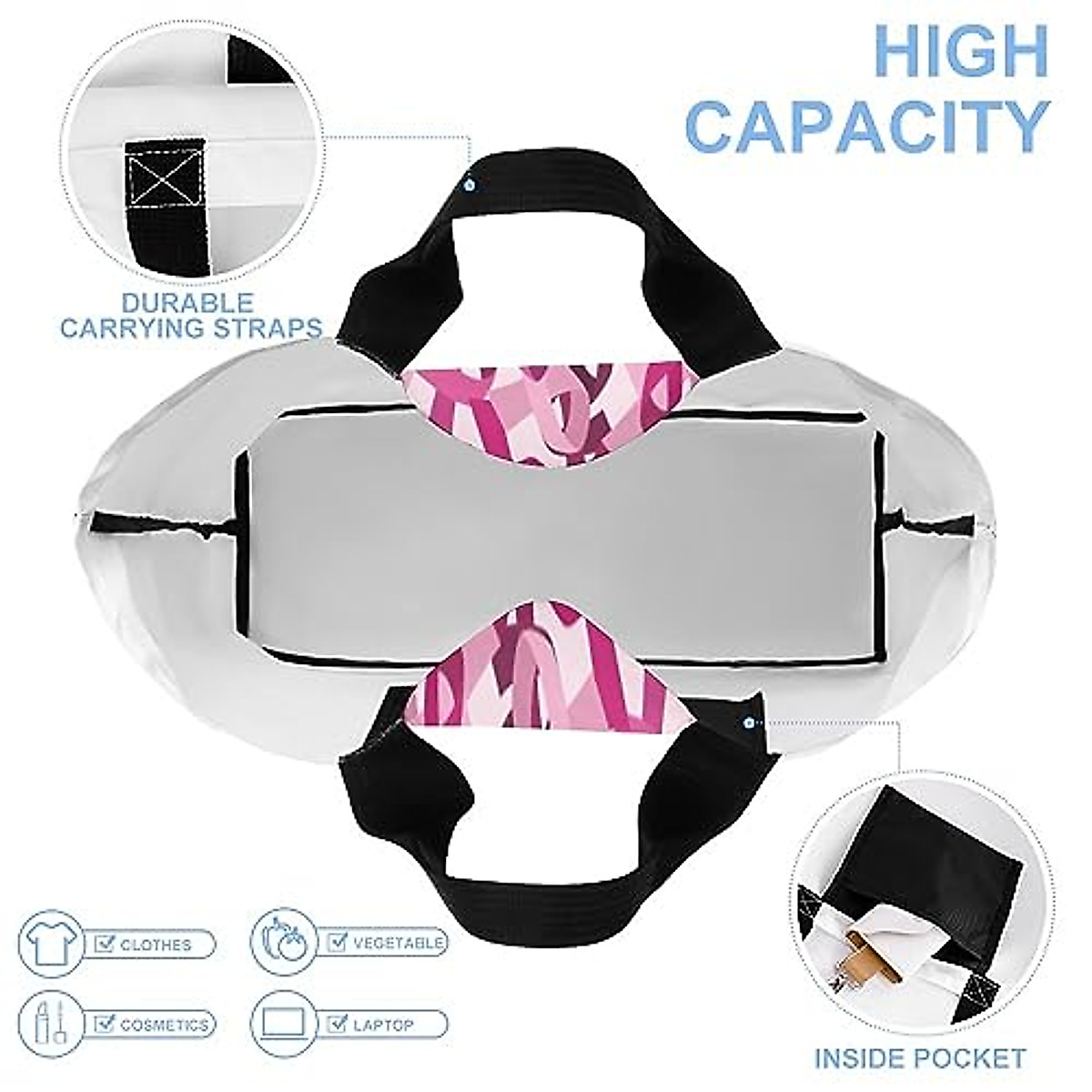 Breast Cancer Awareness Pink Ribbon Women's Tote Bag Large Capacity Shopping Grocery Reusable Shoulder Bag for Travel Picnic