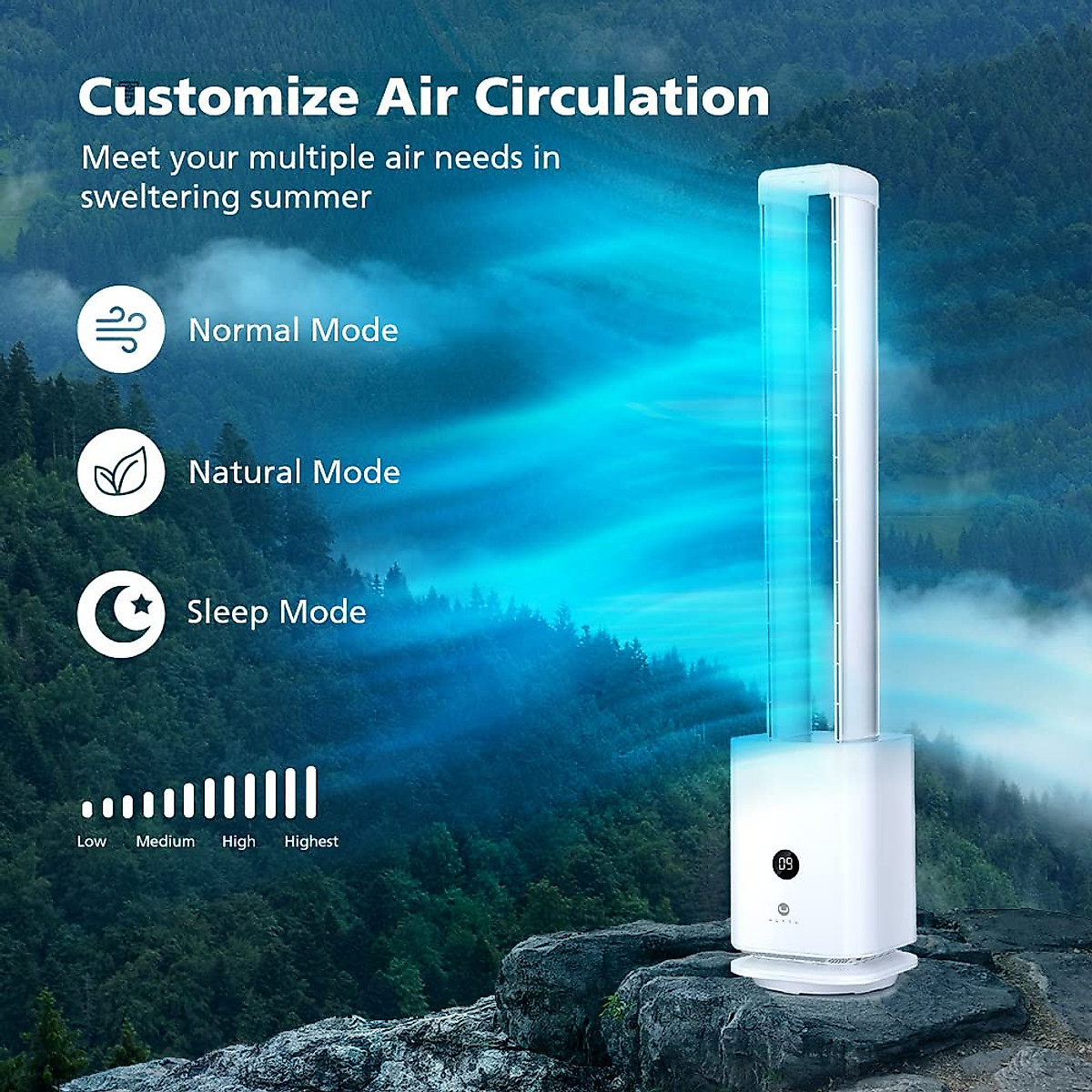 ULTTY Bladeless Tower Fan and Air Purifier in one, Bedroom Fan with HEPA Filter Smoke Dust Pollen Dander, 42.5" Oscillating Tower Fan with Remote, Touch, 8H Timer, White