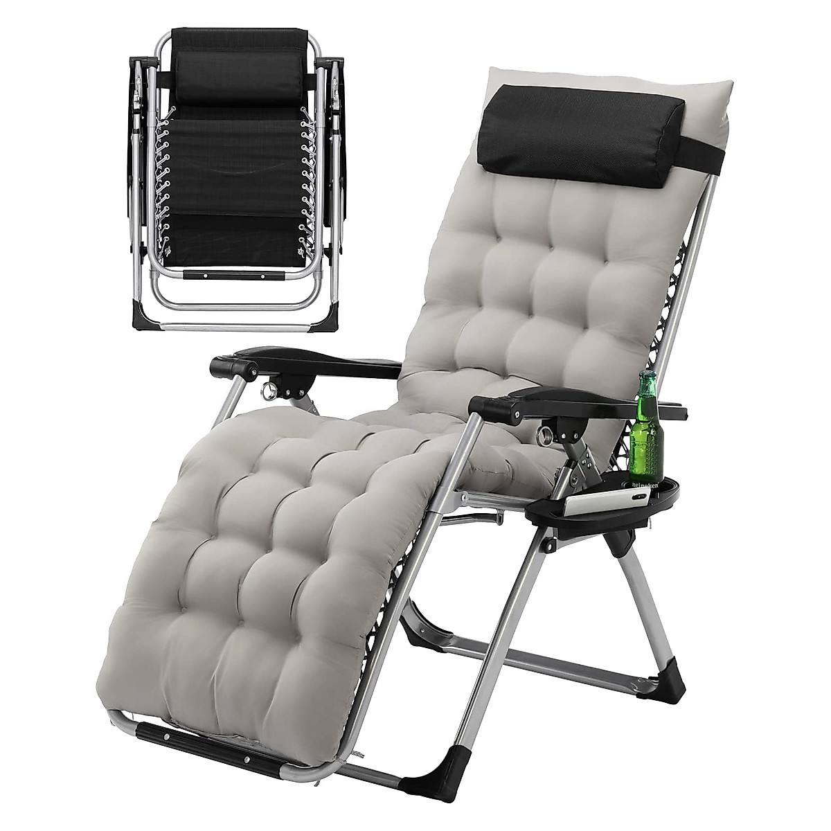 Zero Gravity Chair,Reclining Lounge Chair with Removable Cushion,Headrest & Cup Holder,Patio Reclining Chair for Indoor Outdoor,Folding Reclining Chair,Portable Chaise for Deck,Yard,Porch,Pool
