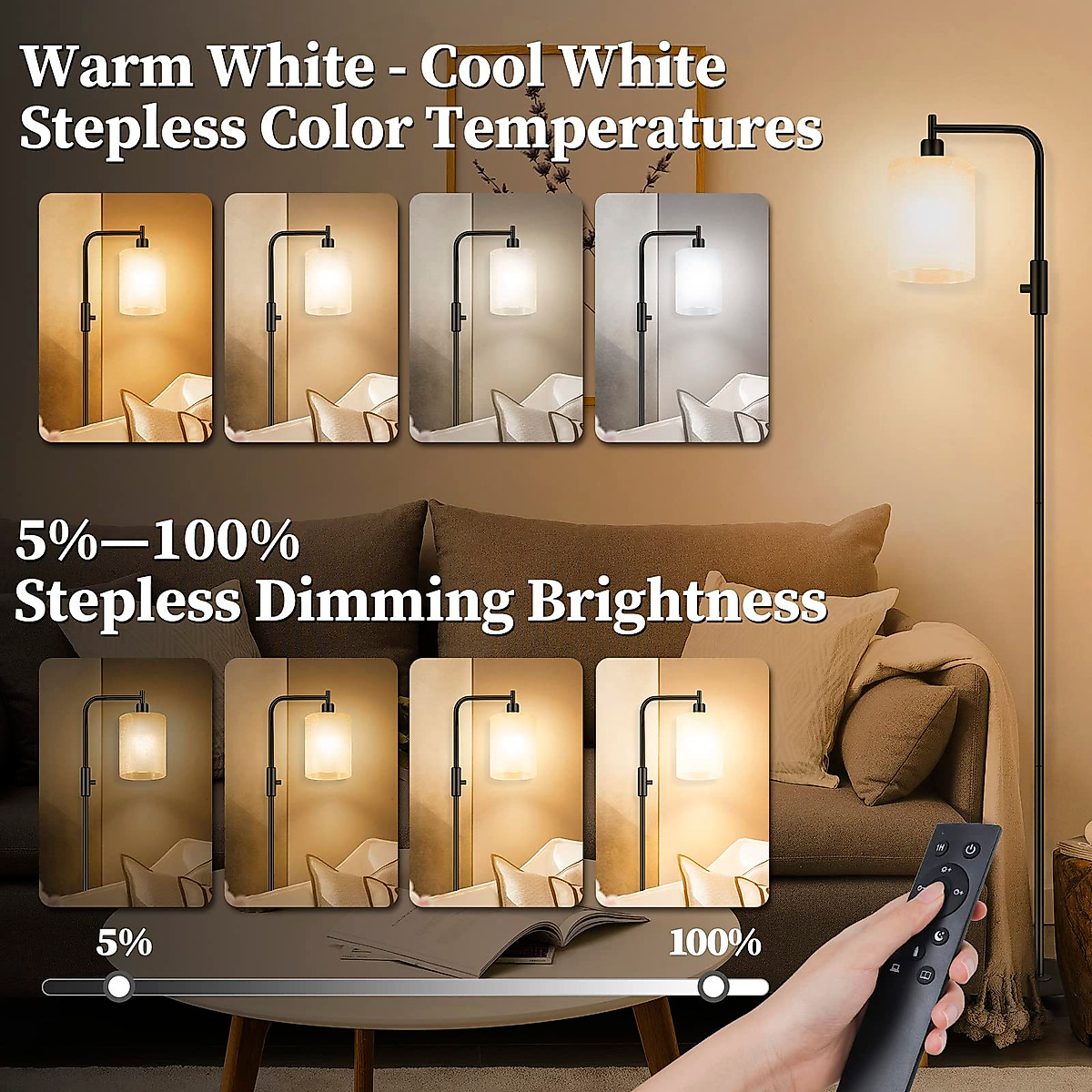 OUTON Modern Floor Lamp, Dimmable Industrial Floor Lamp with Remote Control, Stepless Color Temperature, Timer, LED Tall Stand Lamp with Hanging Frosted Glass Shade for Living Room, Bedroom, Office