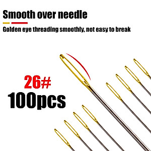 100pcs Cross Stitch Needles + 2 Needle Threader Golden Color Large Eyes Cross Stitch DIY Embroidery Hand Needles Sewing Needles in Transparent Box (26#)