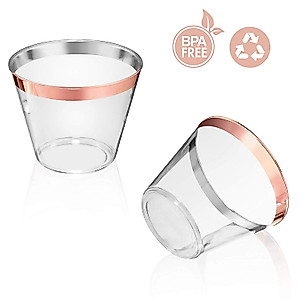 KARRAHOME 50 Rose Gold Cups 9 Oz Rose Gold Plastic Cups Fancy Disposable Wedding Cups Elegant Party Cups with Rose Gold Rim Flexible Party Wedding Rose Gold Plastic Tumblers