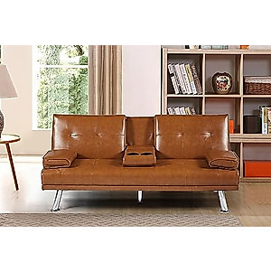Convertible Folding Futon Sofa Bed with Metal Legs & 2 Cupholders, Modern Fabric Leather Upholstered Couch Loveseat Sleeper, Folding Couches Bed, Removable Armrests for for Small Spaces (Brown+New)