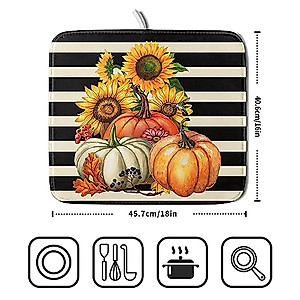 Sunflower Pumpkin Dish Drying Mat for Kitchen Counter,Black and White Stripe Drying Mat 16 x 18 Inch with Absorbent Reversible Microfiber Dish Drying Pad Dish Rack Drainer Mat for Coffee Bar