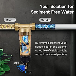 PUREPLUS 40 Micron Whole House Spin Down Sediment Water Filter With Scrapper, Reusable Flushable Pre-Filtration System for City/Tap water, 1" MNPT + 3/4" FNPT + 3/4"MNPT, Brass, BPA Free, USA Tech