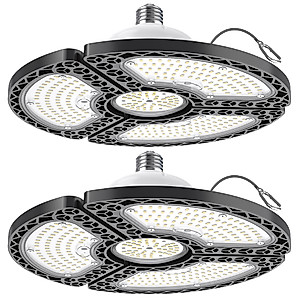 HYPERLITE LED Garage Lights 60W, 9000LM Adjustable LED Garage Ceiling Lights, 3 Panel LED Attic Light Compatible for E26 Socket for Workshop Garage Warehouse Attic Pole Barn Gym-2pack
