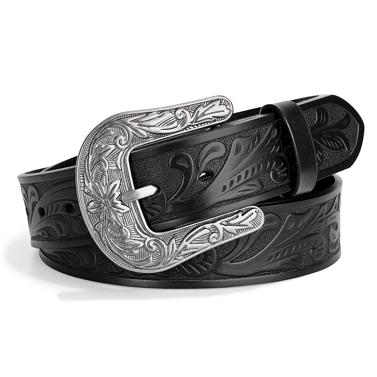 WOWOGO Western Belts for Women Men Cowboy Cowgirl Floral Engraved Leather Belt Strap Vintage Embossed Buckle