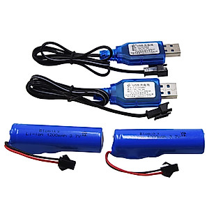 Blomiky 3.7V 1200mAh 2 Pack Li-ion Rechargeable Battery with SM2P Plug and Charger Cable for Remote Control Cars Trucks 3.7V 1200mAh 2