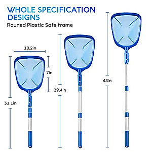Pool Skimmer - Pool Net with 3 Section Pole, 10.2" x 48", Pool Skimmer Net with Fine Mesh Net, Telescopic Aluminum Pole, Plastic Frame, Ultra-fine Pool Skimmer for Ponds, Fish Tank, Hot Tub