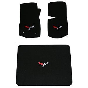 1968-82 C3 Corvette Classic Loop Black Front Floor & Rear Deck Mat Combo Set with Crossed Flags Logo