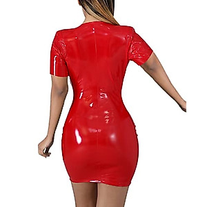 NIGHTMISS Women Sexy Deep V Neck Patent Leather Mini Party Dress Short Sleeve Zip Up Latex Clubwear Nude Dress(RE-3XL)