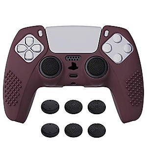eXtremeRate PlayVital Wine Red 3D Studded Edition Anti-Slip Silicone Cover Skin for ps5 Controller, Soft Rubber Case for ps5 Wireless Controller with 6 Black Thumb Grip Caps