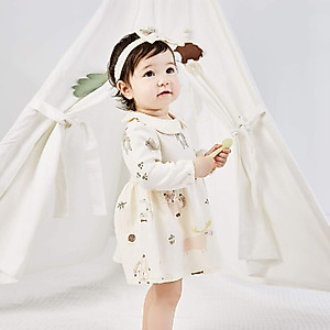 pureborn Baby Girl Dress Infant Long Sleeve Peter-pan Collar Spring Fall Cotton Playwear Dresses Beige 0-3 Months