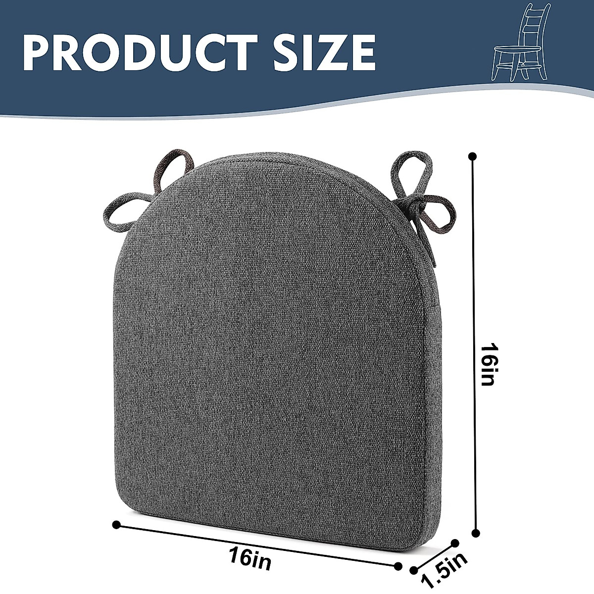 PLZSITDOWN Chair Cushions for Dining Chairs, Seat Cushions for Kitchen Chairs 16"x16" Non Slip Indoor Chair Pad with Ties Removable Cover Dark Grey