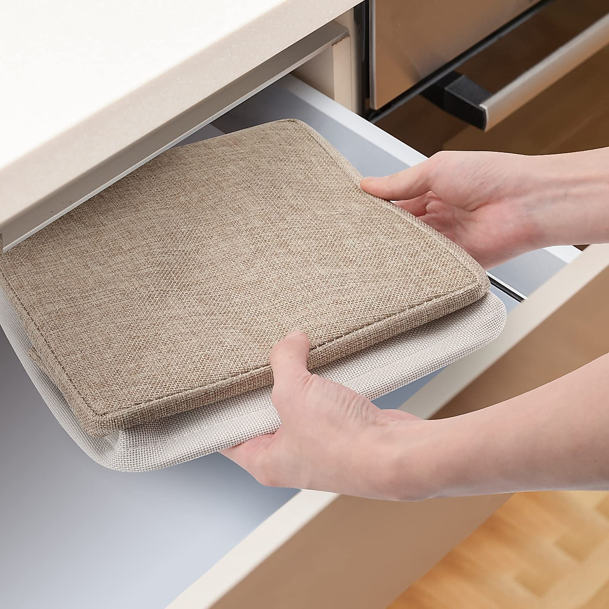 BUORCVZ Cube Storage Bins 11 Inch, Fabric Storage Cube Basket Bins with Leather Handles, Collapsible Basket Organizer Bins for Home, Office, Closet, Shelves, Clothes Toy, Nursery, Decorative, 4 Pack