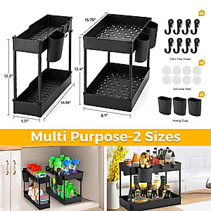 Under Sink Organizers and Storage, 2 Tier Under Sink Organizer with 8 Hooks, Under the Sink Organizer Kitchen, Cabinet Organizers and Storage for Bathroom Kitchen Cabinet Organizer (Black,2 Pack)