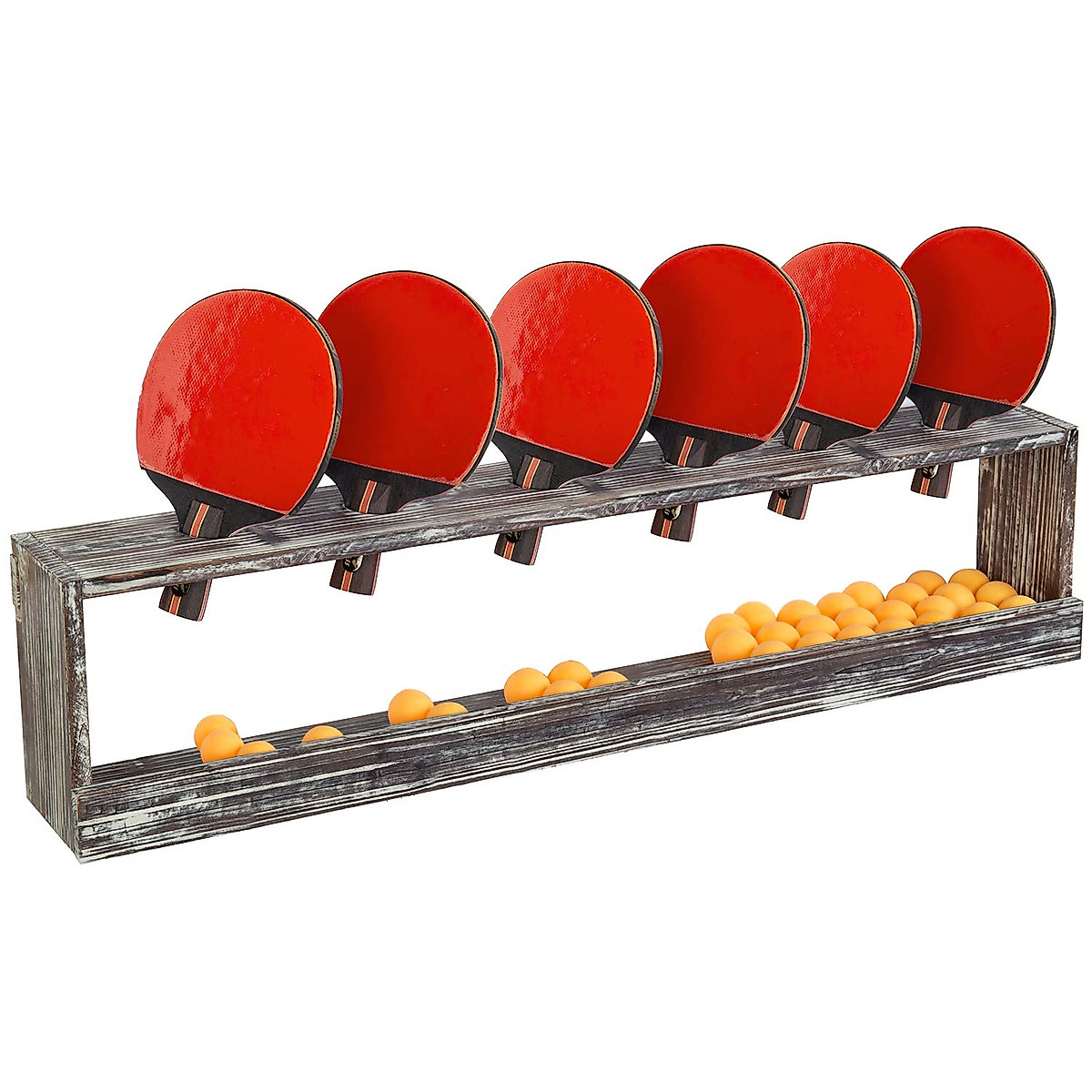 MyGift Wall Mounted Torched Wood Table Tennis Rack for Ping Pong Paddles and Balls Storage Shelf