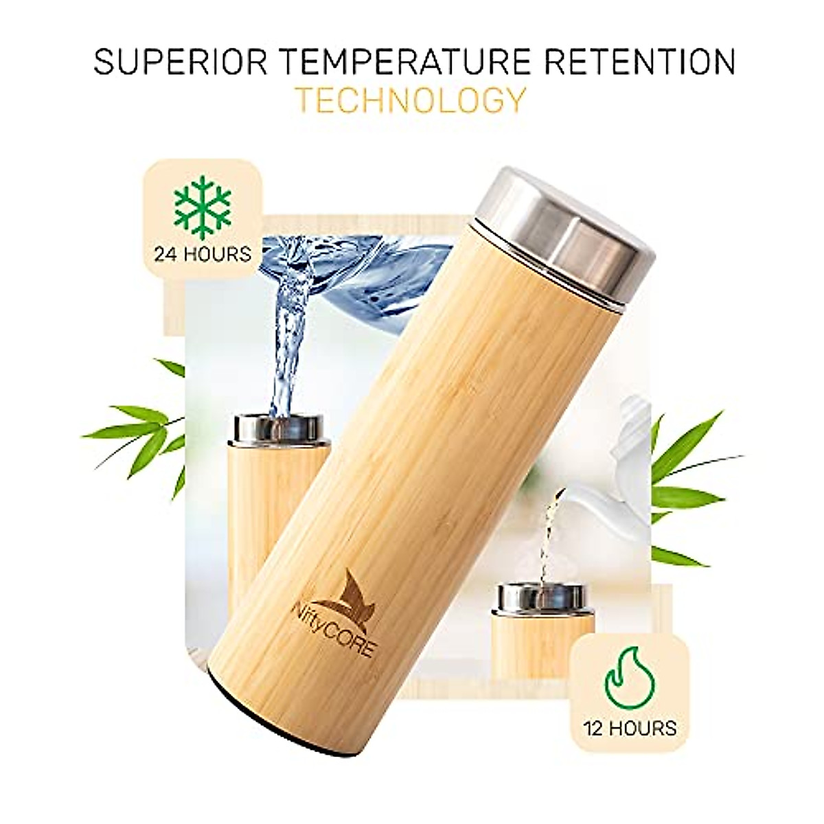 Bamboo Tumbler with Tea Infuser Bottle Loose Leaf Strainer – Advanced Double Insulated Stainless Steel Travel Thermos - Best Gift for Tea Lovers - Leak-Proof Hot Coffee Mug, Fruit Water Bottle (17 oz)
