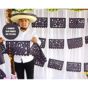 5 Pack Cinco de Mayo Party Decorations, Papel Picado Banner 60 ft Long, Fiesta Black tissue PAPER garland, Mexican Decorations, Weddings, Quinceaneras, Birthdays, Fiesta party supplies, WS250
