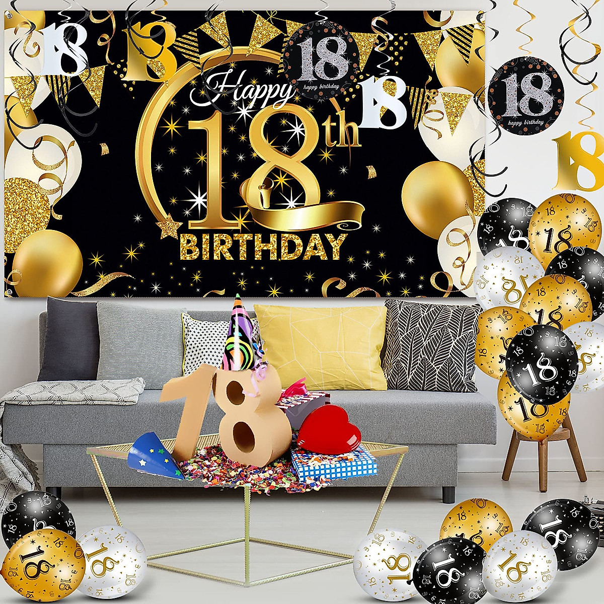 Happy 18th Birthday Party Decorations Kit, Black Gold Glittery Happy 18th Birthday Backdrop Banner Balloon 18th Birthday Hanging Swirls for Men Women 18th Birthday Party Decorations Supplies