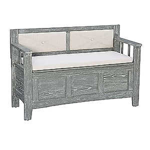Linon Weathered Grey Carlton Storage Bench with Beige Upholstered Back and Cushioned Seat