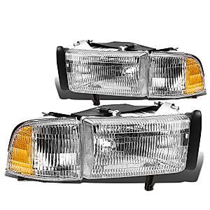 Auto Dynasty 4Pcs Factory Style Headlights Assembly with Corner Lamp Compatible with Dodge Ram 1500 2500 3500 (Non-Sport Models) 94-02, Driver and Passenger Side, Chrome Housing Clear Lens