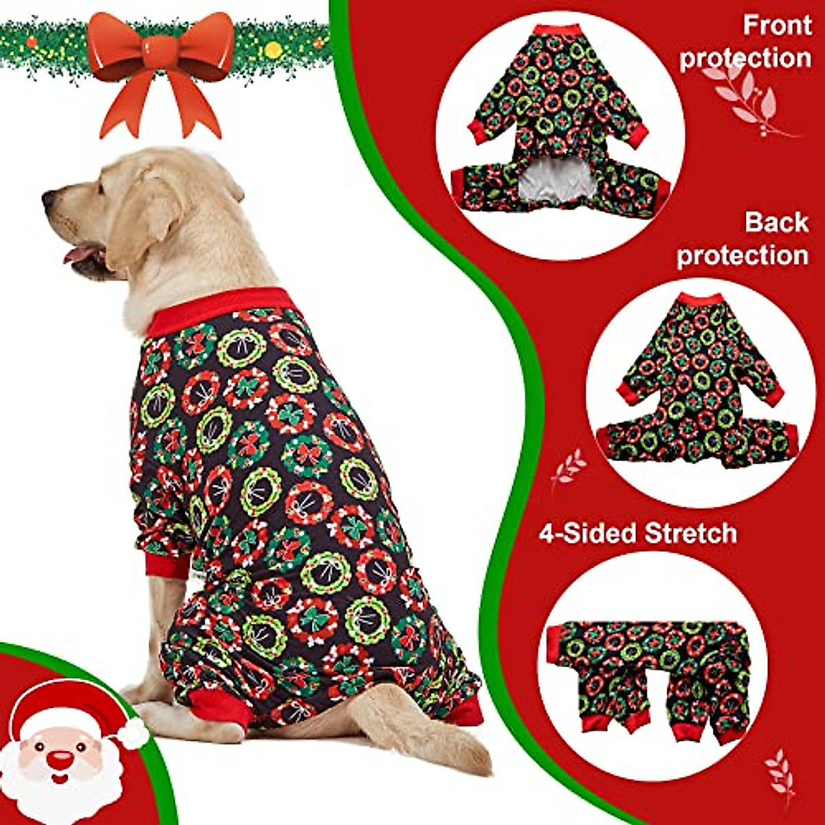 LovinPet Dog Christmas PJS Large Size Dog: Long Sleeve Shirt for Dog, Holiday Dog Costume, Lightweight Pullover Joy Holiday Wreaths Black Prints Large Dog PJ's Pitbull Clothes Christmas Outfit Large