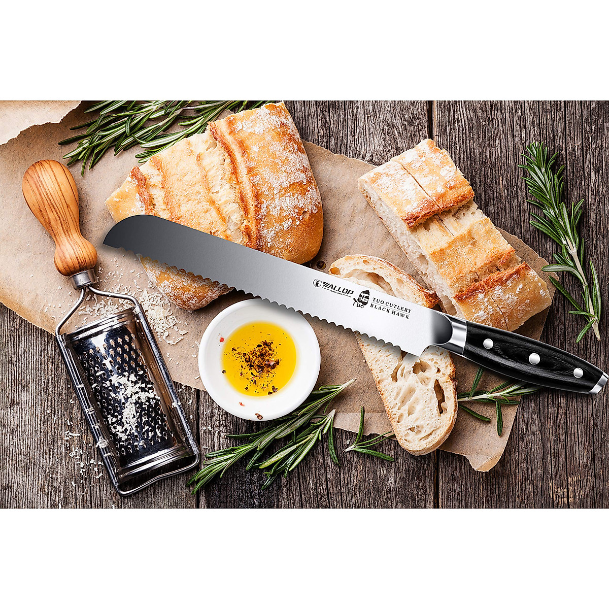 WALLOP Bread Knife 9 inch, Serrated Kitchen Slicing Knife - German High Carbon Stainless Steel, Full Tang Pakkawood Handle, Gift Box Included Black Hawk Series