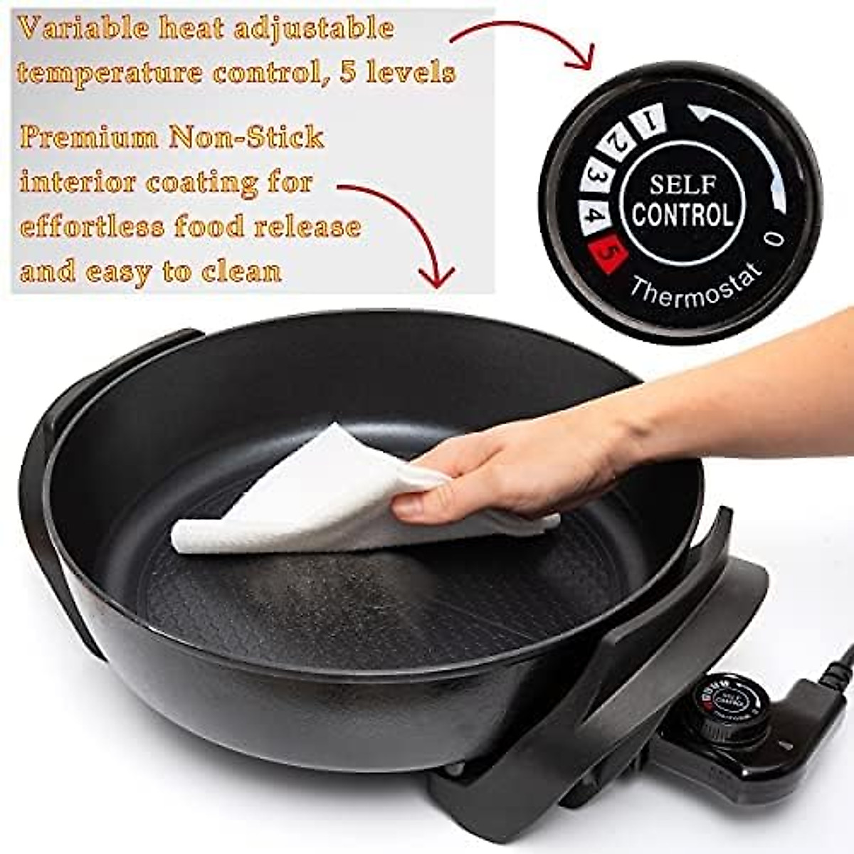 Moss & Stone Round Nonstick Electric Skillet With Lid, Aluminum 12 Inch Electric Frying Pan, 2 Layers Of Non-Stick Coating, Adjustable Temperature Control, Lid With Steam Vent, Electric Deep Skillet