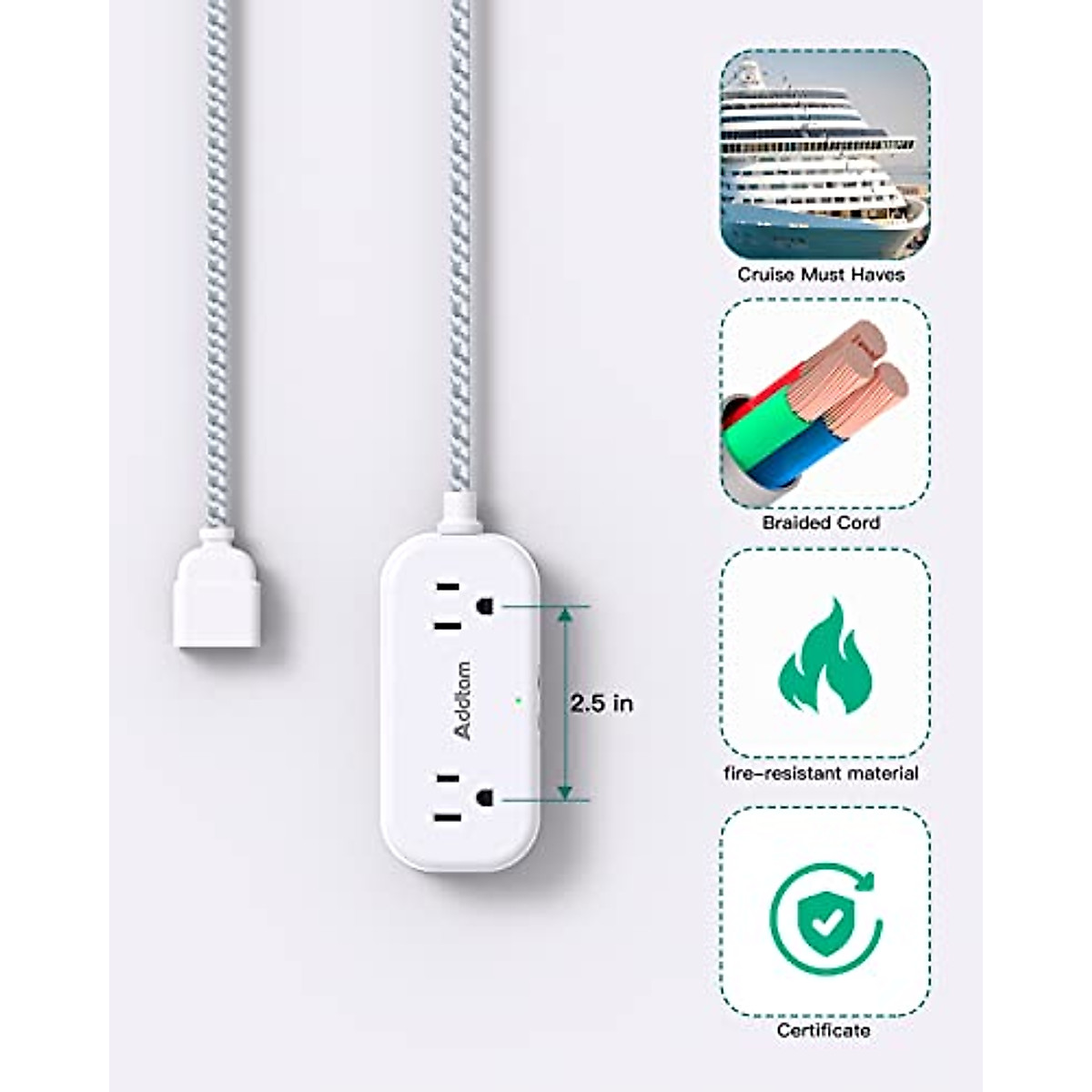 Addtam Universal Travel Adapter, Power Strip with International Plug Adapter, 2 AC Outlet and 2 USB Ports(1 USB-C PD 20W), Essentials for US EU UK AU White
