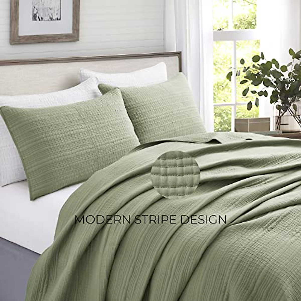 MOONLINE Quilt Set Full/Queen Size Olive Green 3 Piece,Lightweight Soft Microfibre Modern Stripe Pattern Reversible Quilted Bedspread&Coverlet Set for All Season (Includes 1 Quilt and 2 Pillow Shams)