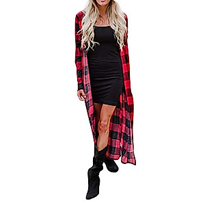NEARTIME Women's Long Sleeve Waterfall Lightweight Plaid Cardigan Boho Kimono Cover Up Casual Outwear