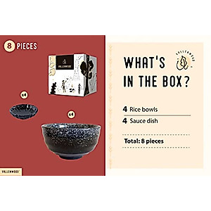 8 Pieces Japanese Fuji Blue Style. 4 Ceramic Miso & Rice Bowls Set Plus 4 Small Soy Sauce bowl Plates Included. 8 oz. Japan, Korean & Chinese. Portion Control Ramen Soup Capable. (Dark Blue, 4.1in x4)