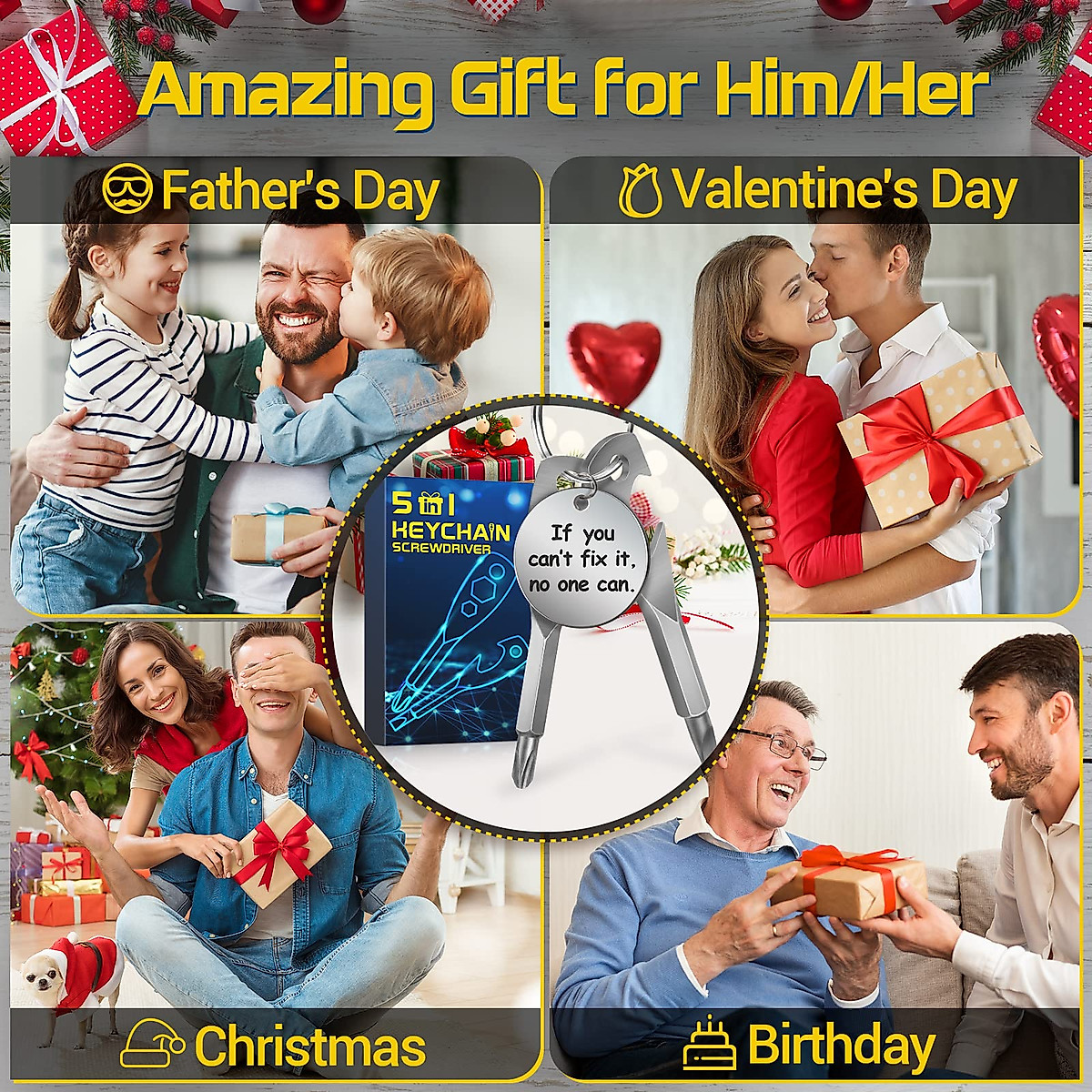 Keychain Screwdriver Tool Stocking Stuffers Gifts for Men - Portable Key Shaped Pocket Screw Driver Gadgets EDC Multi Tool for Outdoor Repair - Hex Wrench Phillips Flathead Bottle Opener Key Ring