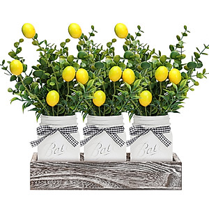 Lemon Mason Jars Centerpiece for Table, Wood Tray with 3 Painted Jars, Dining Coffee Table Centerpiece For Kitchen, Living Room, Spring Mason Jar Decor with Lemon