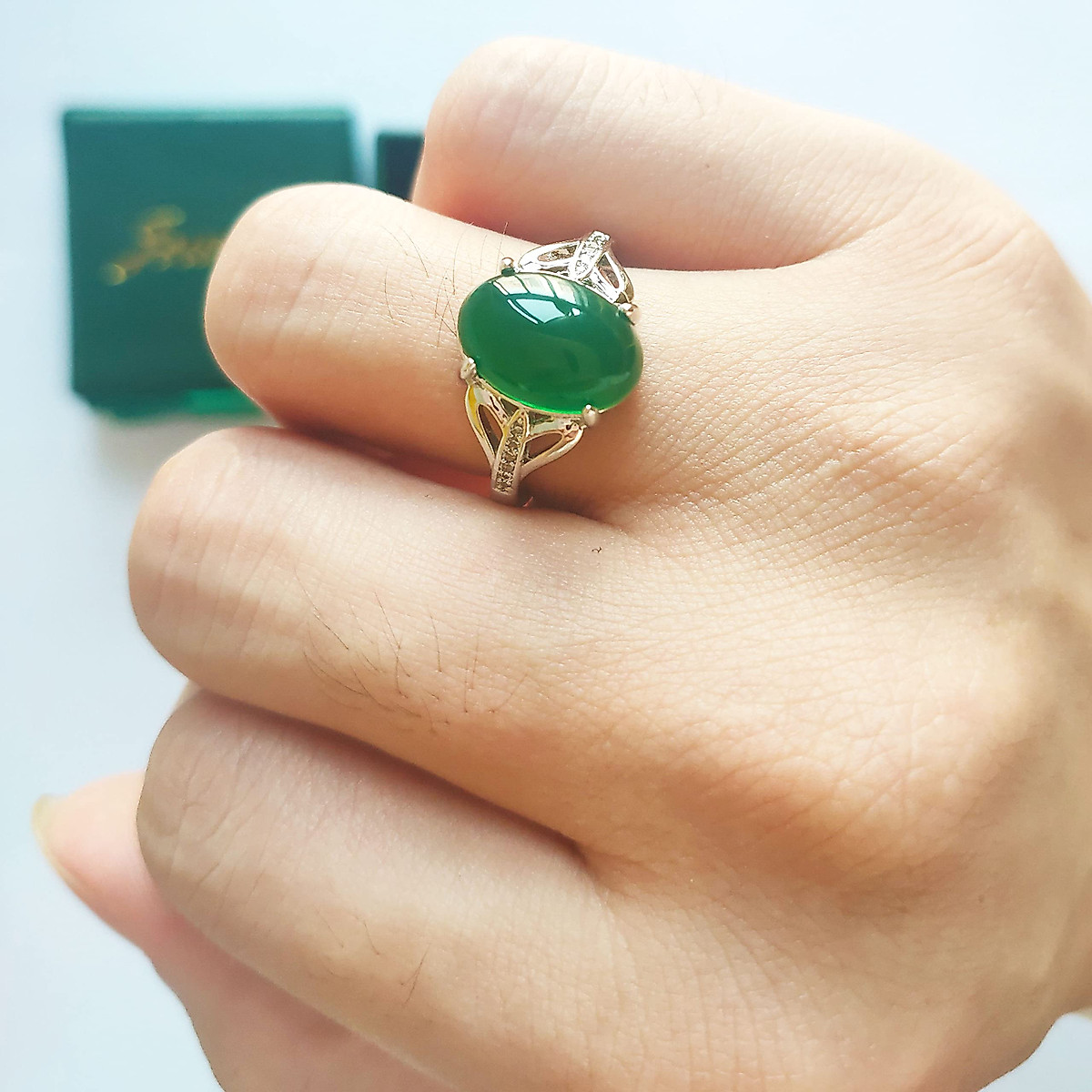 Carykon Vintage Green Agate Ring Emerald Open Ring