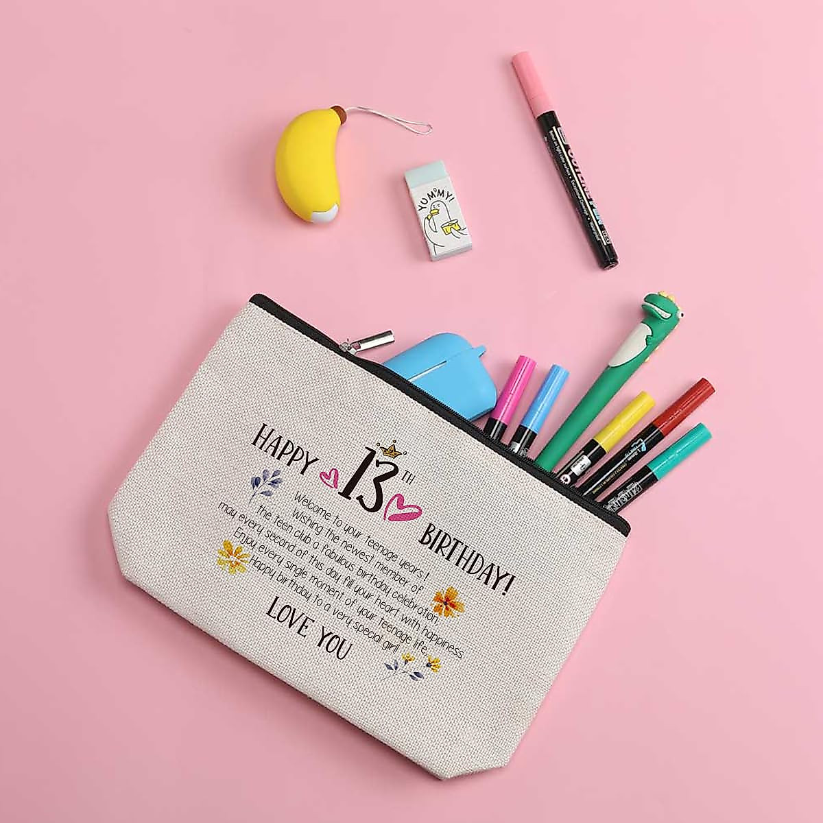 13th Birthday Gifts for Girls Makeup Bag Best Gift Ideas for 13 Year Old Girl Great Teenage Girls Gifts for Her Daughter Granddaughter Sister Bestie Cute Cosmetic Bag Happy Birthday Gift from Mom