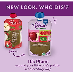 Plum Organics | Stage 2 | Organic Baby Food Meals [6+ Months] | Apple, Raspberry, Spinach & Greek Yogurt | 3.5 Ounce Pouch (Pack Of 6) Packaging May Vary