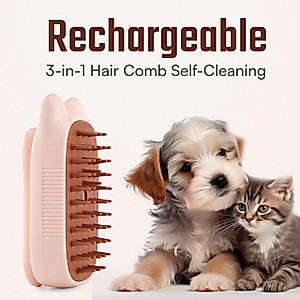 Cat Steam Brush - 2024 New Rechargeable 3-in-1 Hair Comb Self-Cleaning Pet Grooming Tool for Long and Short Hair Cats and Dogs, with Steamy Massage Shedding Relief