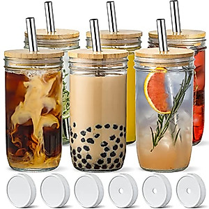 [ 6 Pack ] Glass Cups Set - 24oz Wide Mouth Mason Jar Drinking Glasses w Bamboo Lids & Straws & Airtight Lids - Cute Reusable Boba Bottle, Iced Coffee Glasses, Travel Tumbler for Bubble Tea, Juice