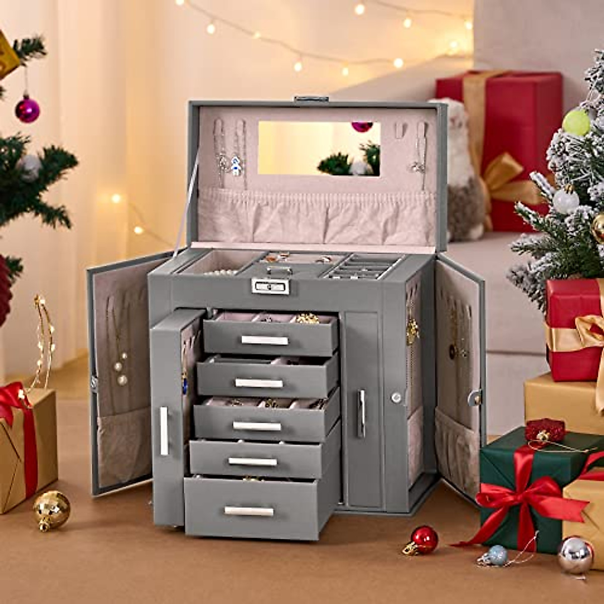 ANWBROAD Huge Jewelry Organizer Box Women Jewelry Storage Box Capacity for All Jewelry with Lock Mirror for Necklaces Earrings Rings Bracelets Jewelry Case UJJB028H