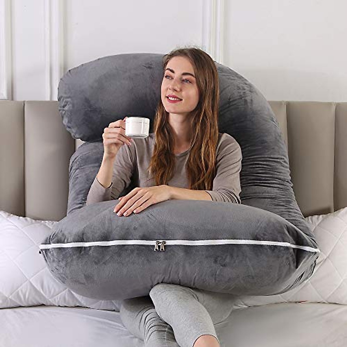 CDEN Pregnancy Pillow, J Shaped Full Body Pillow 57", Maternity Pillow Support for Back, Legs, Neck, HIPS for Pregnant Women with Removable Washable Velvet Cover(Darkgrey)