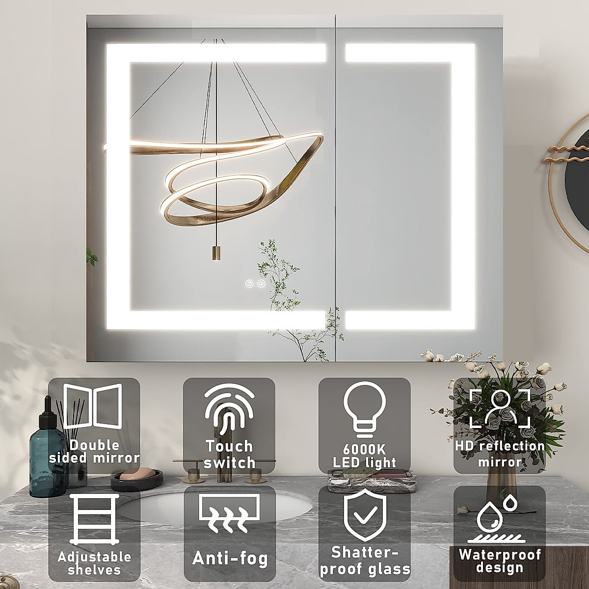 MIRPLUS 36x30 inch Medicine Cabinet with LED Vanity Mirror, Anti-Fog Recessed or Surface Mount Bathroom Double Door Large Storage 6000K Bright Lighted Aluminum Storage Cabinet with Touch Switch